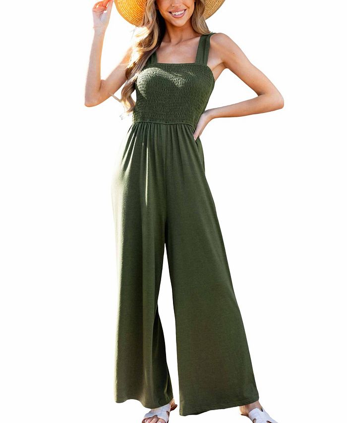 CUPSHE Women's Olive Square Neck Smocked Bodice Wide Leg Jumpsuit - Macy's