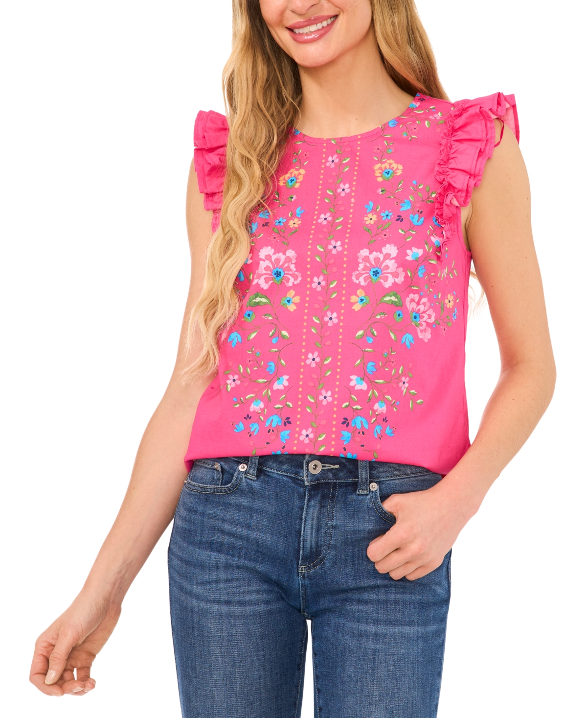 Click here for CeCe Womens Floral Print Ruffled Sleeve Crewneck B... prices