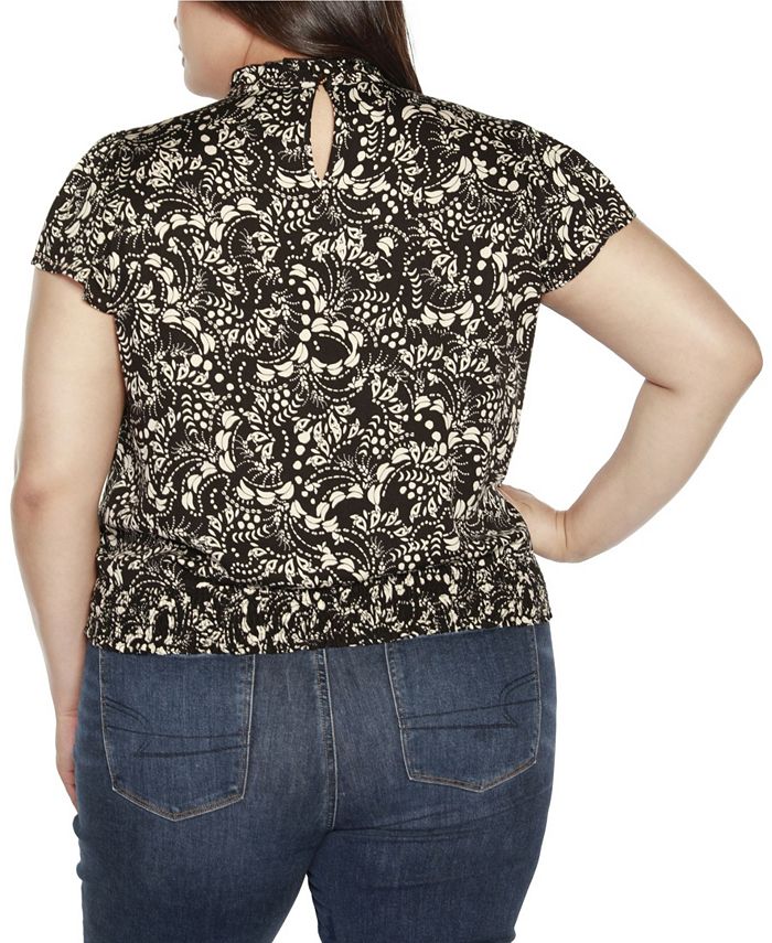 Belldini Black Label Plus Size Embellished Printed Cap Sleeve Blouse