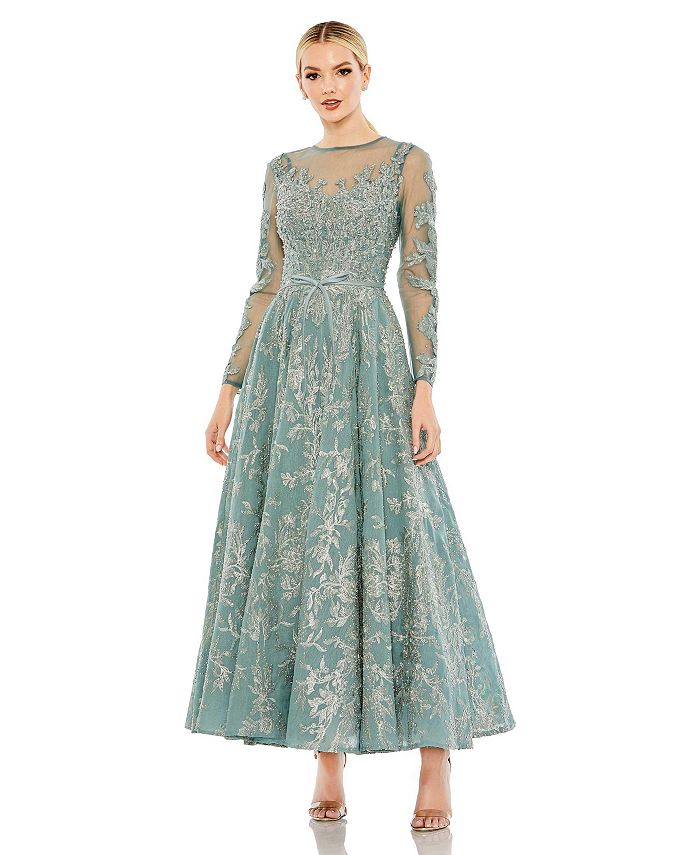 Mac Duggal Women's Embellished Bow Belt Illusion Long Sleeve A Line Dress - Macy's