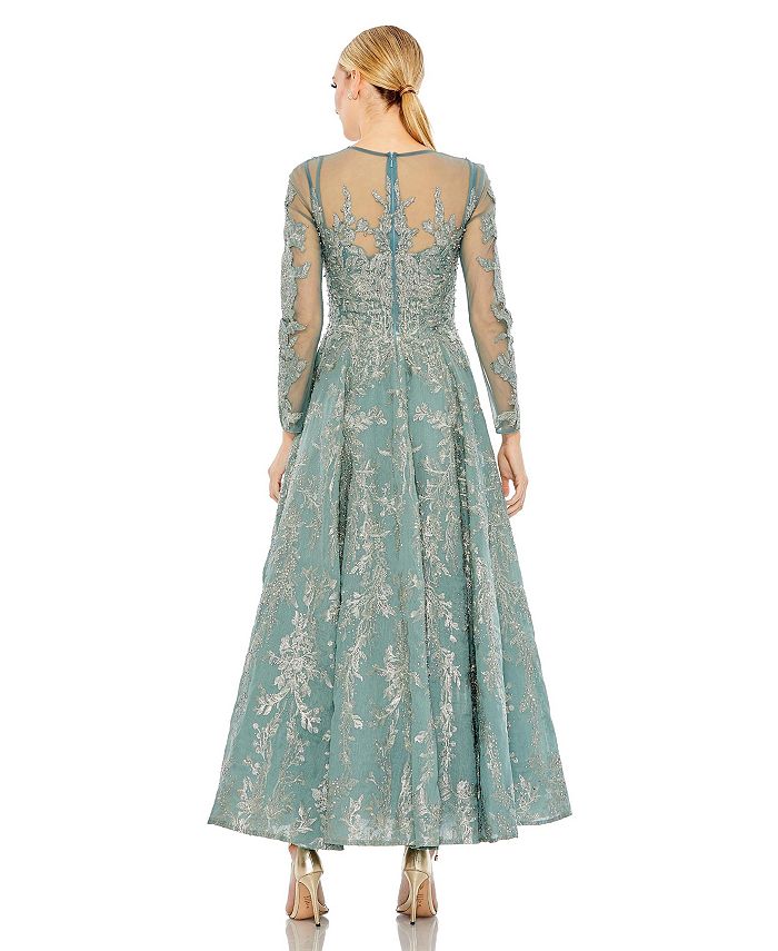 Mac Duggal Women's Embellished Bow Belt Illusion Long Sleeve A Line Dress - Macy's