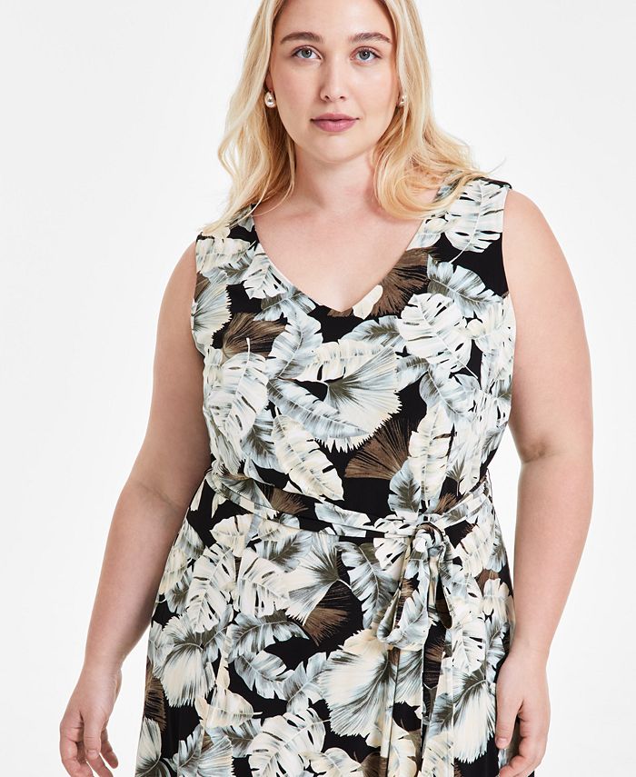 Kasper Plus Size Rhonda Printed Tie-Waist Fit & Flare Dress - Macy's