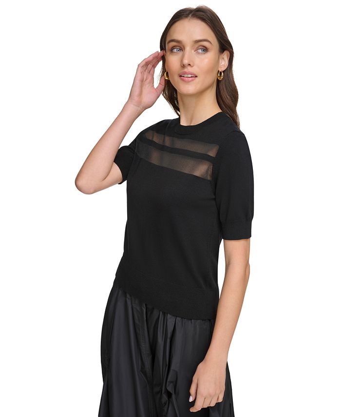 DKNY Women's Sheer-Stripe Rib-Edge Short-Sleeve Sweater - Macy's