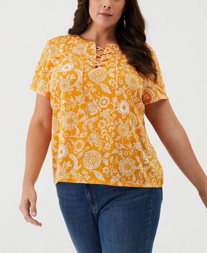ELLA Rafaella Plus Size Paisley Print Lace-Up Short Sleeve Tee Shirt ...