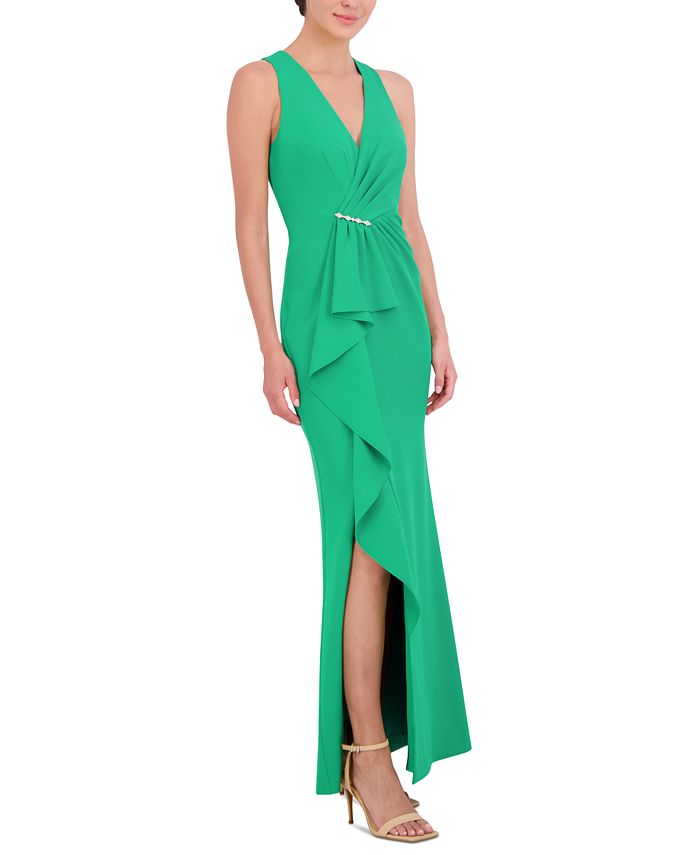 Eliza J Women's V-Neck Cascading-Ruffle Side-Slit Gown - Macy's