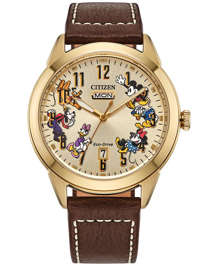 Citizen Eco-Drive Men's Disney Brown Leather Strap Watch 41mm - Macy's
