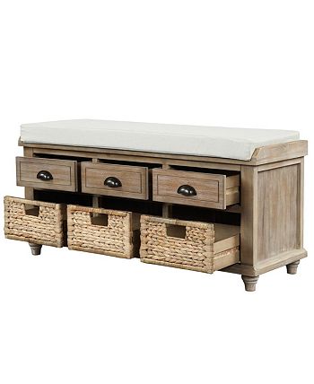 Simplie Fun Rustic Storage Bench With 3 Drawers And 3 Rattan Baskets ...