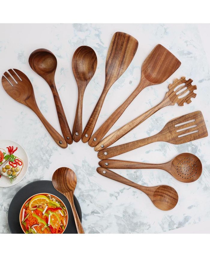 Zulay Kitchen 9-Piece Teak Wooden Utensils for Cooking with Premium ...
