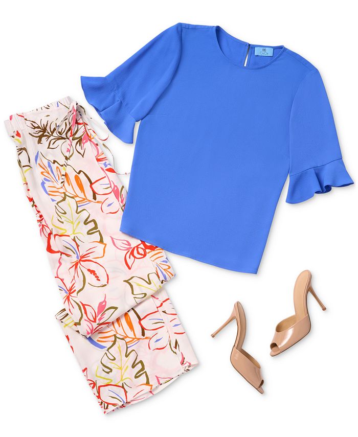 CeCe Women's Ruffled-Cuff 3/4-Sleeve Crew-Neck Blouse & Tropical-Print ...