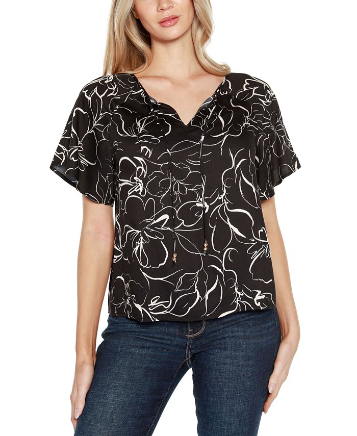 Belldini Women's Embellished Tie Neck Flutter Sleeve Top - Macy's