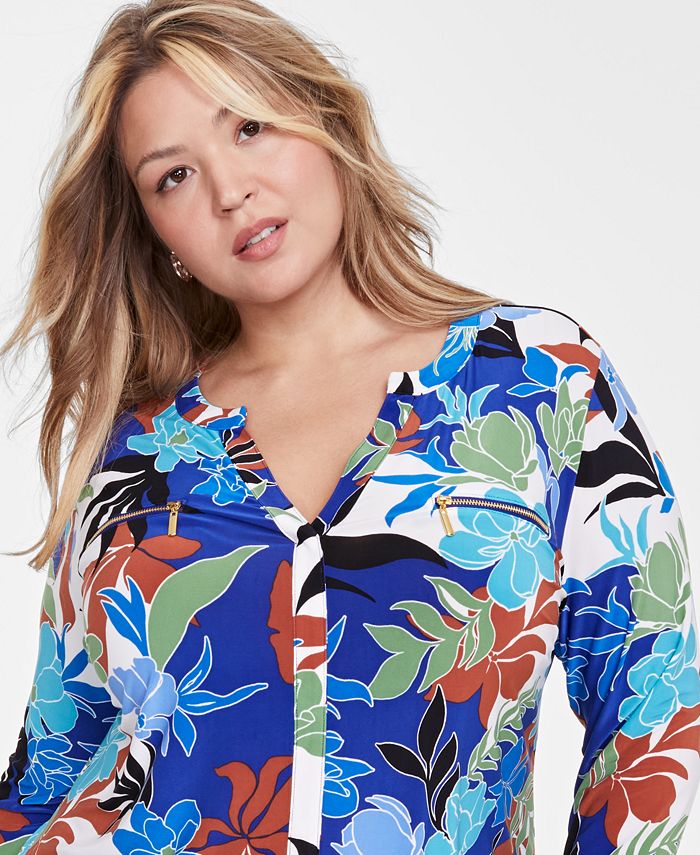 I N C International Concepts Plus Size Floral Print Zip Pocket Blouse