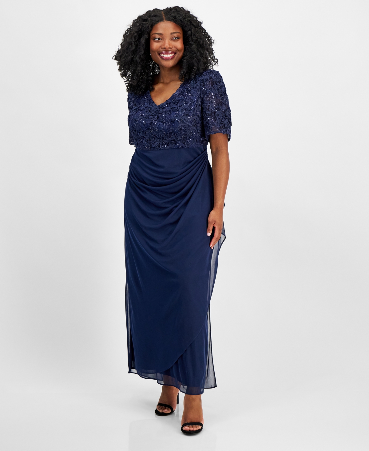 Alex Evenings Plus Size Soutache Embellished Short-Sleeve Gown - Navy
