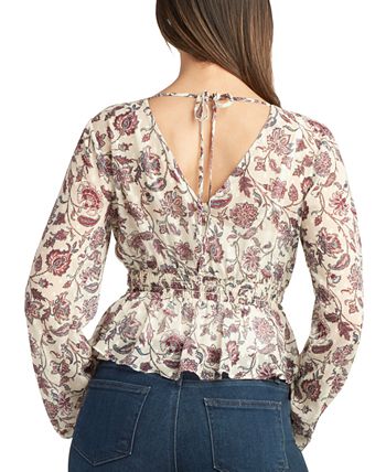 BCX Juniors' Printed V-Neck Long-Sleeve Smocked-Back Top - Macy's