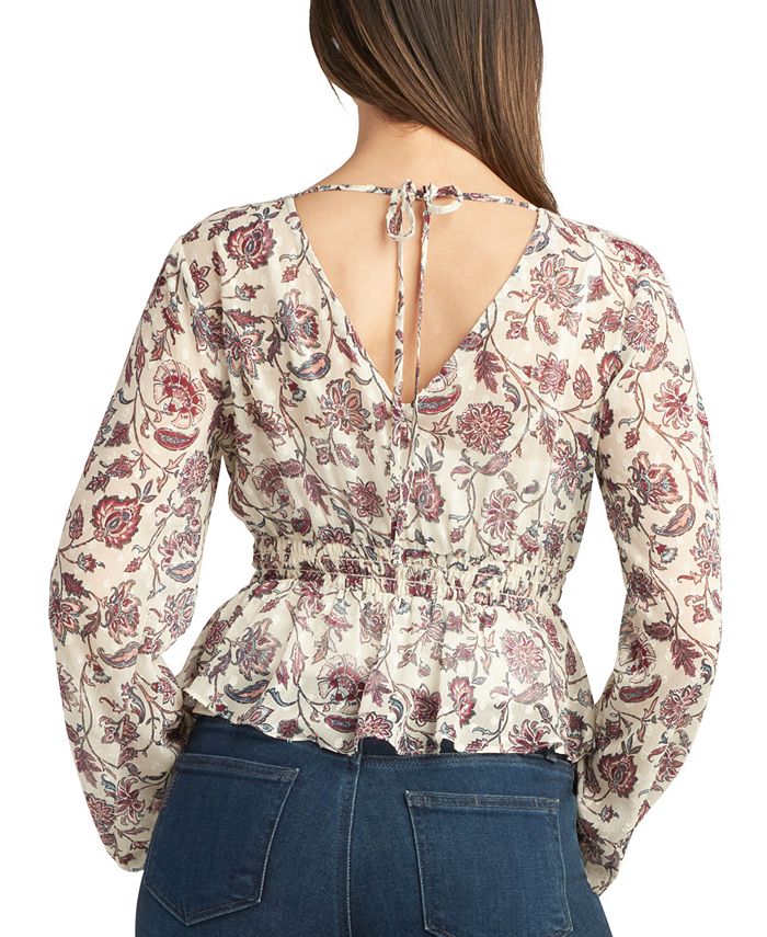 BCX Juniors' Printed V-Neck Long-Sleeve Smocked-Back Top - Macy's