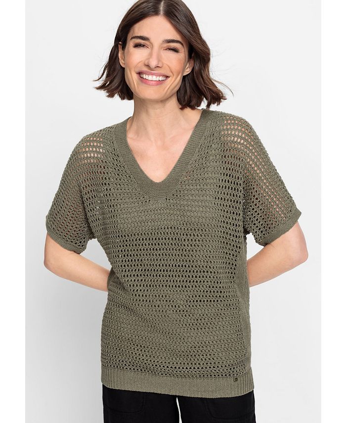 Olsen Women's Linen Blend Short Sleeve Open Knit Pullover - Macy's