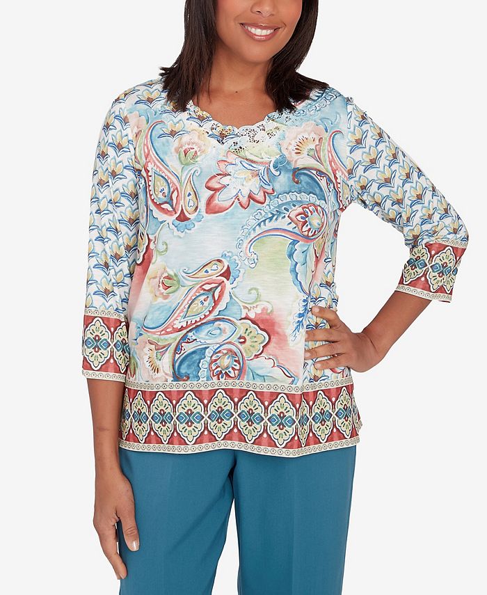 Alfred Dunner Petite Sedona Sky Embellished Medallion Paisley Top - Macy's