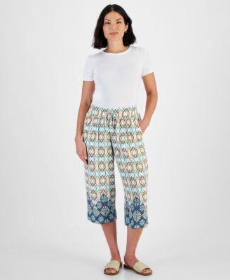 JM Collection Petite Border-Print Pull-On Cropped Pants, Created for ...