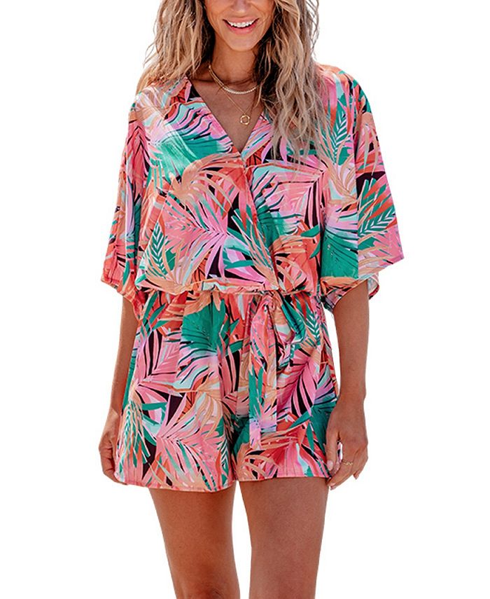 CUPSHE Women's Tropical Surplice Belted Flared Leg Romper - Macy's