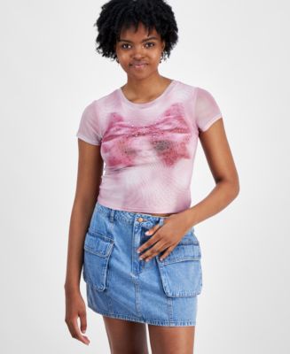 Madden Girl Juniors' Embellishment Mesh Graphic Tee - Macy's