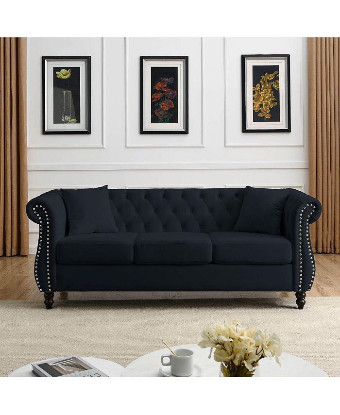 Simplie Fun Black Velvet Chesterfield Sofa with Tufted Couch, Rolled Arms, Nailhead, 3 Seater, 2 ...