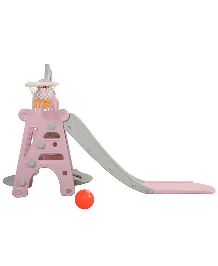 Simplie Fun 3-in-1 Kids Swing & Slide Set with Basketball Hoop, Pink ...