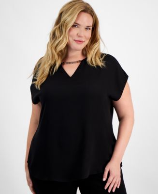 Anne Klein Plus Size Chain-Neck Short-Sleeve Top - Macy's