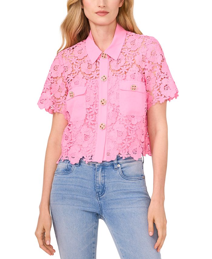 CeCe Women's Lace Short-Sleeve Button-Up Blouse - Macy's