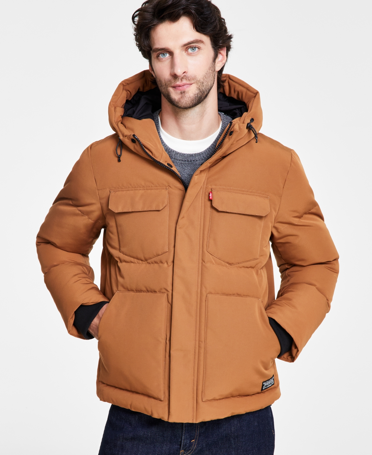 Click here for Levis Mens Quilted Hooded Puffer Jacket - Brown prices