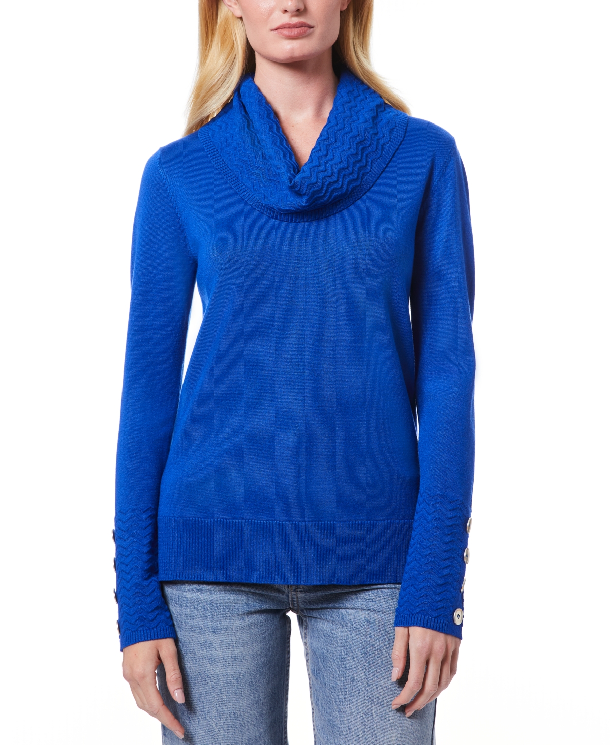 Melissa Paige Womens Chevron-Trimmed Cowl-Neck Sweater - Angelfish Blue