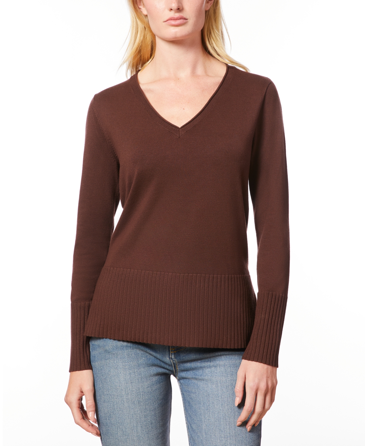 Melissa Paige Womens V-Neck Wide-Hem Wide-Cuff Sweater - Brown