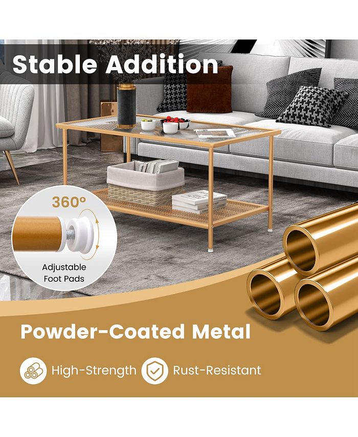 Costway 2-Tier Coffee Table with Shelf with Tempered Glass Top & Metal ...