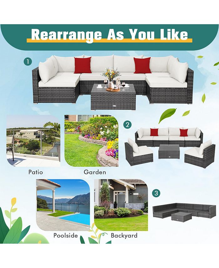 Costway 7PCS Patio Rattan Furniture Set Sectional Sofa Cushioned Garden ...