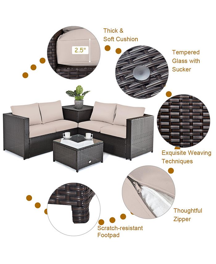 Gymax 4pcs Cushioned Rattan Patio Conversation Set W Coffee Table Side