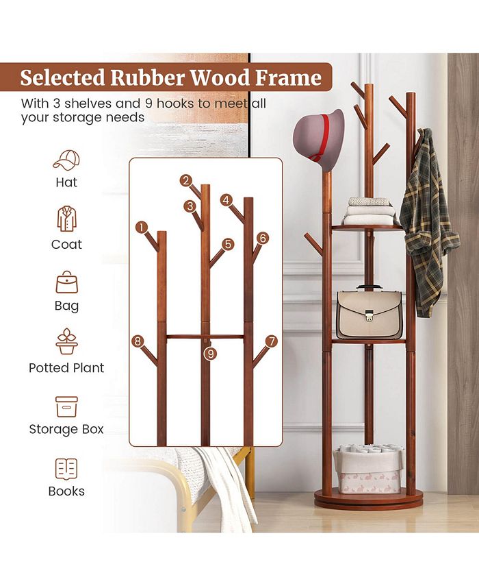 Costway Freestanding Wooden Coat Tree 360° Rotary Coat Rack with 3 ...