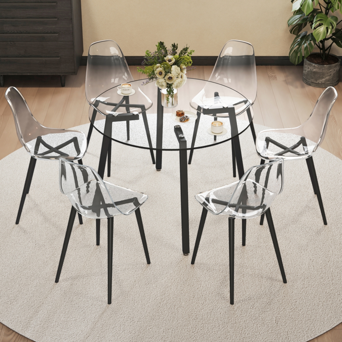 Click here for Glass Table & Chairs - Black Metal - Transparent prices