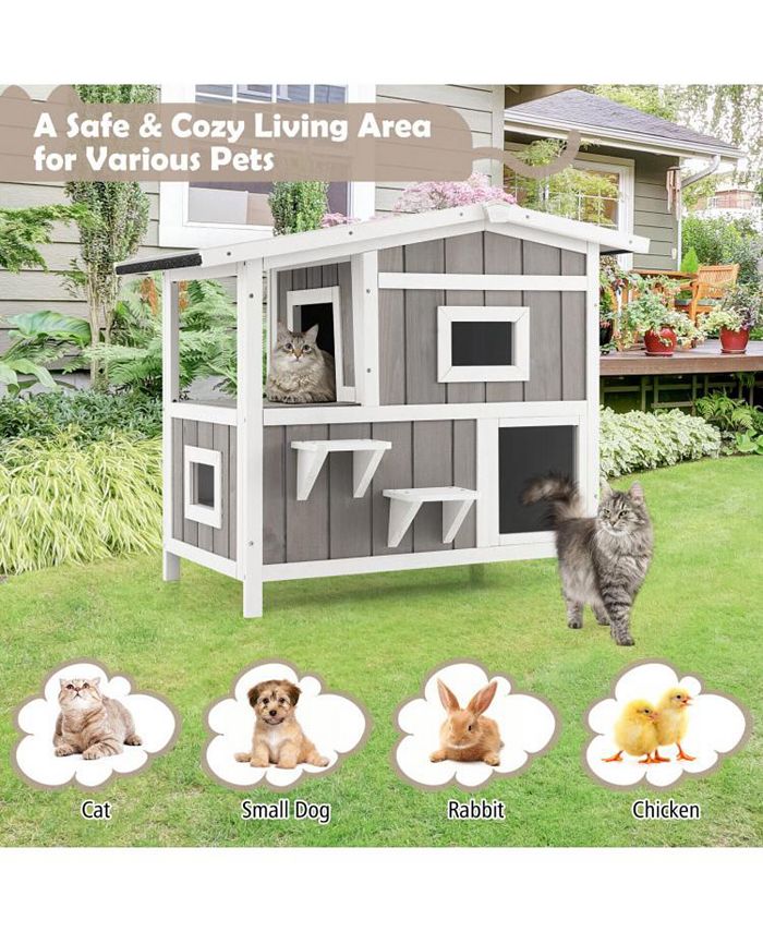 Slickblue Outdoor 2-Story Wooden Feral Cat House with Escape Door-Gray ...