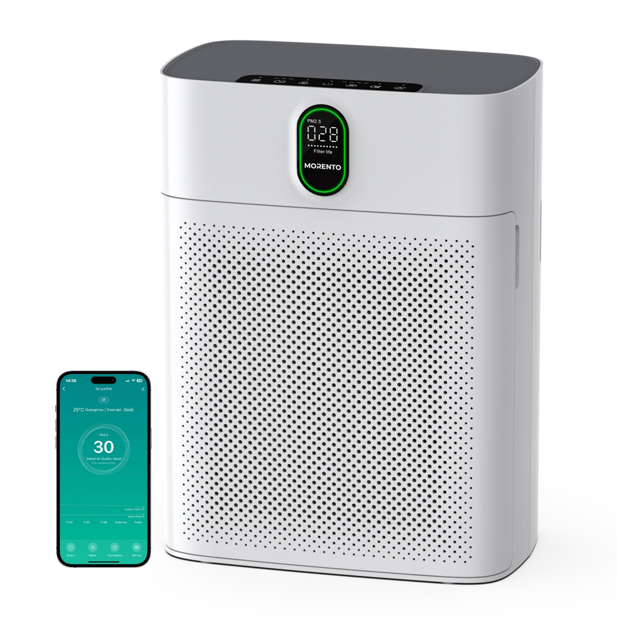 Morento Smart Air Purifier for home Large Rooms up to 1076 ftÂ² Wi-Fi and Alexa compatible PM2.5 Air Quality Display Quiet Mode 24dB Hepa Filter Remov