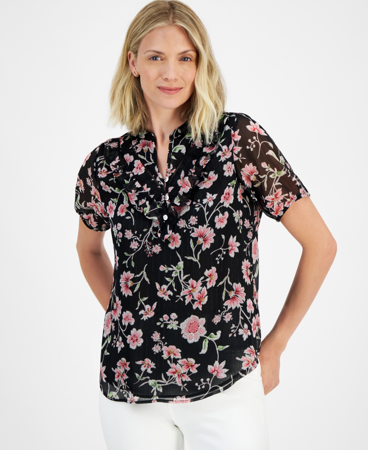 Click here for Nautica Jeans Womens Printed Ruffle-Trim Short-Sle... prices