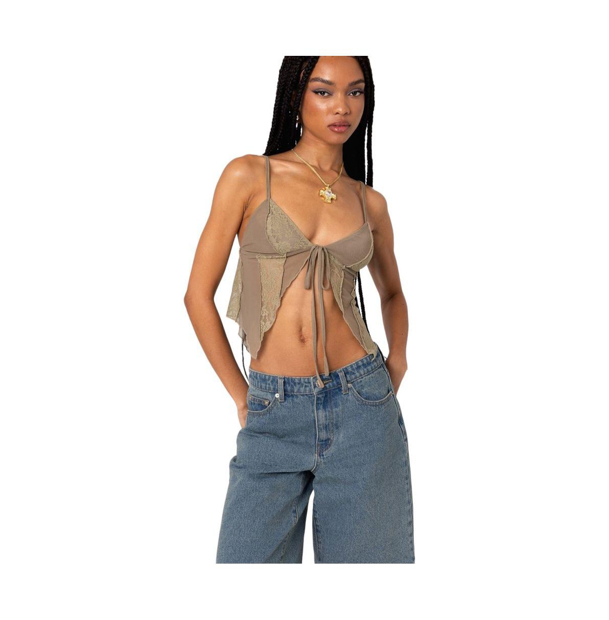 Click here for Womens Patchwork Lacey Mesh Top - Olive prices