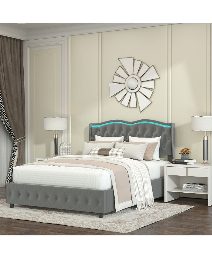 Simplie Fun Grey Velvet Platform Bed with LED Headboard & Storage - Macy's