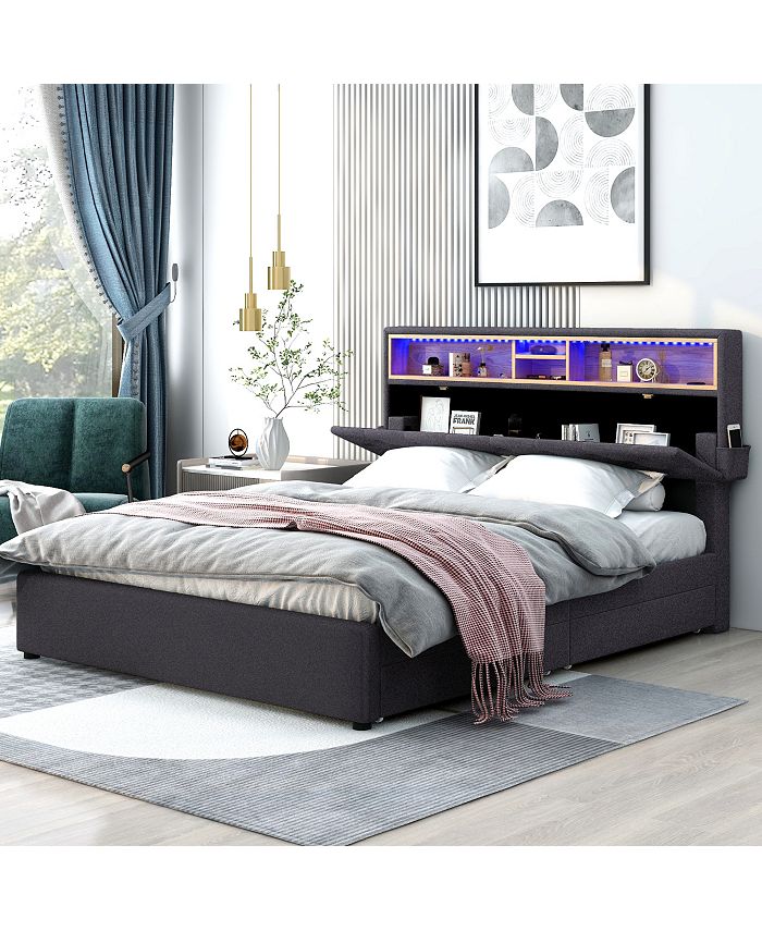 Simplie Fun Queen Size Upholstered Platform Bed With Storage Headboard ...