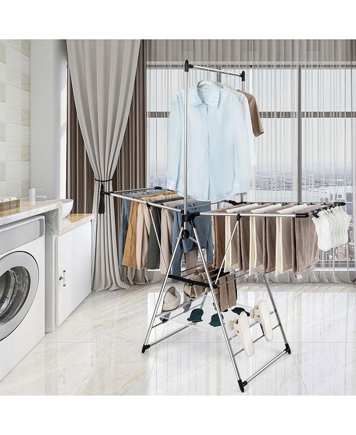 Costway 2-Layer Aluminum Foldable Drying Rack w/ Hanging Bar & 2 Height ...