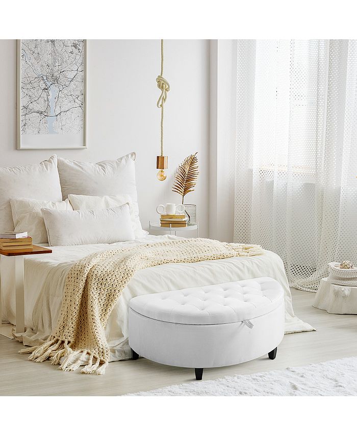 HOMCOM Foldable Tufted Linen Storage Seat Semicircle Footrest Box w ...