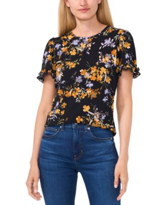 CeCe Women's Short-Sleeve Crewneck Ruffle-Cuff Knit Top - Macy's