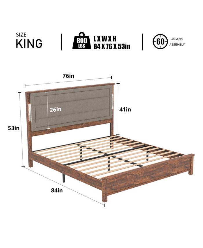 Simplie Fun King Size Bed Frame with Upholstered Headboard, King Bed ...