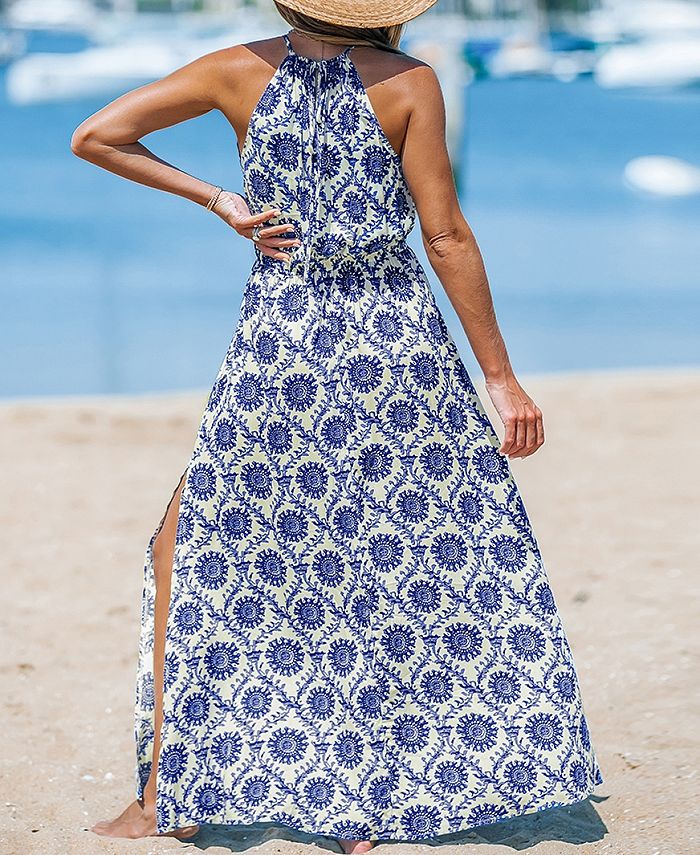 CUPSHE Women's Blue & White Ornate Halterneck Maxi Beach Dress - Macy's