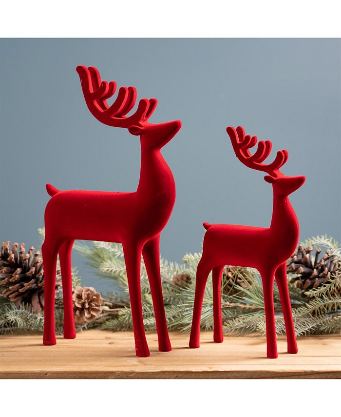 Slickblue Set of 2 Red Flocked Deer Figurines: Elegant Holiday Decor ...