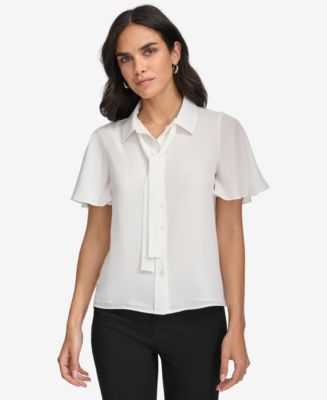 Calvin Klein Petite Tie-Neck Flutter-Sleeve Button-Down Blouse - Macy's