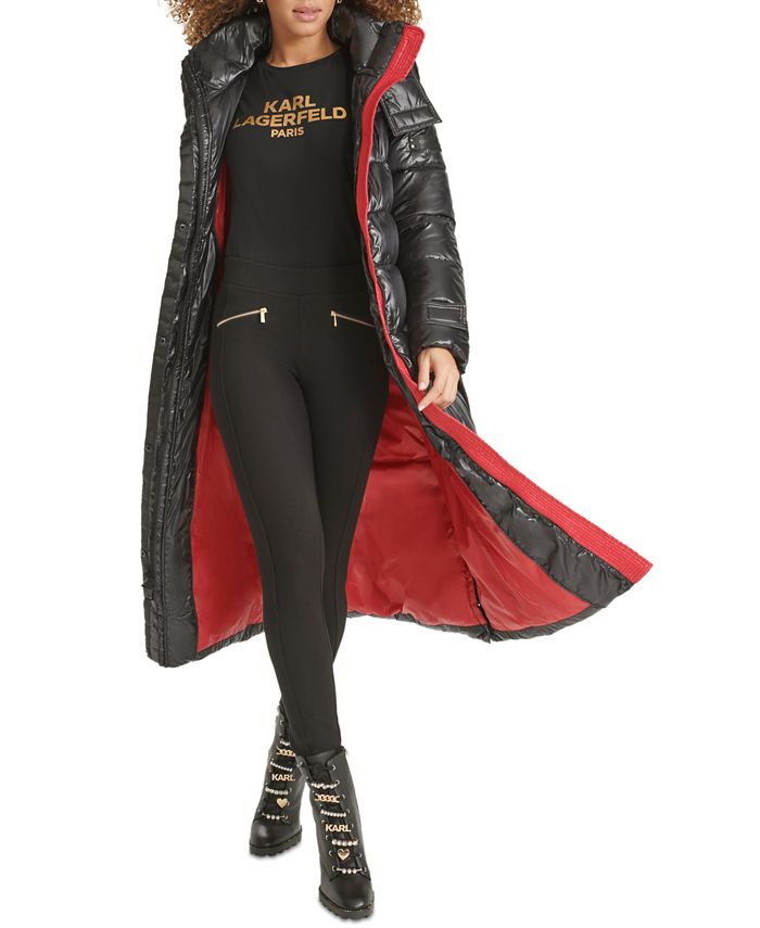 KARL LAGERFELD PARIS Karl Lagerfeld Womens Shine Hooded Belted Puffer ...