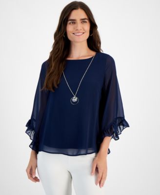 JM Collection Petite Ruffled 3/4-Sleeve Necklace Top, Created for Macy ...